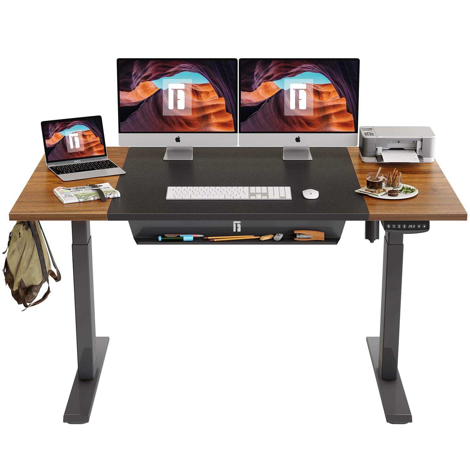 FEZIBO Height Adjustable Electric Standing Desk with Pencil Holder, 63 x 24 Inches Stand Up Desk, Sit Stand Desk with Espresso and Black Top and Black Frame