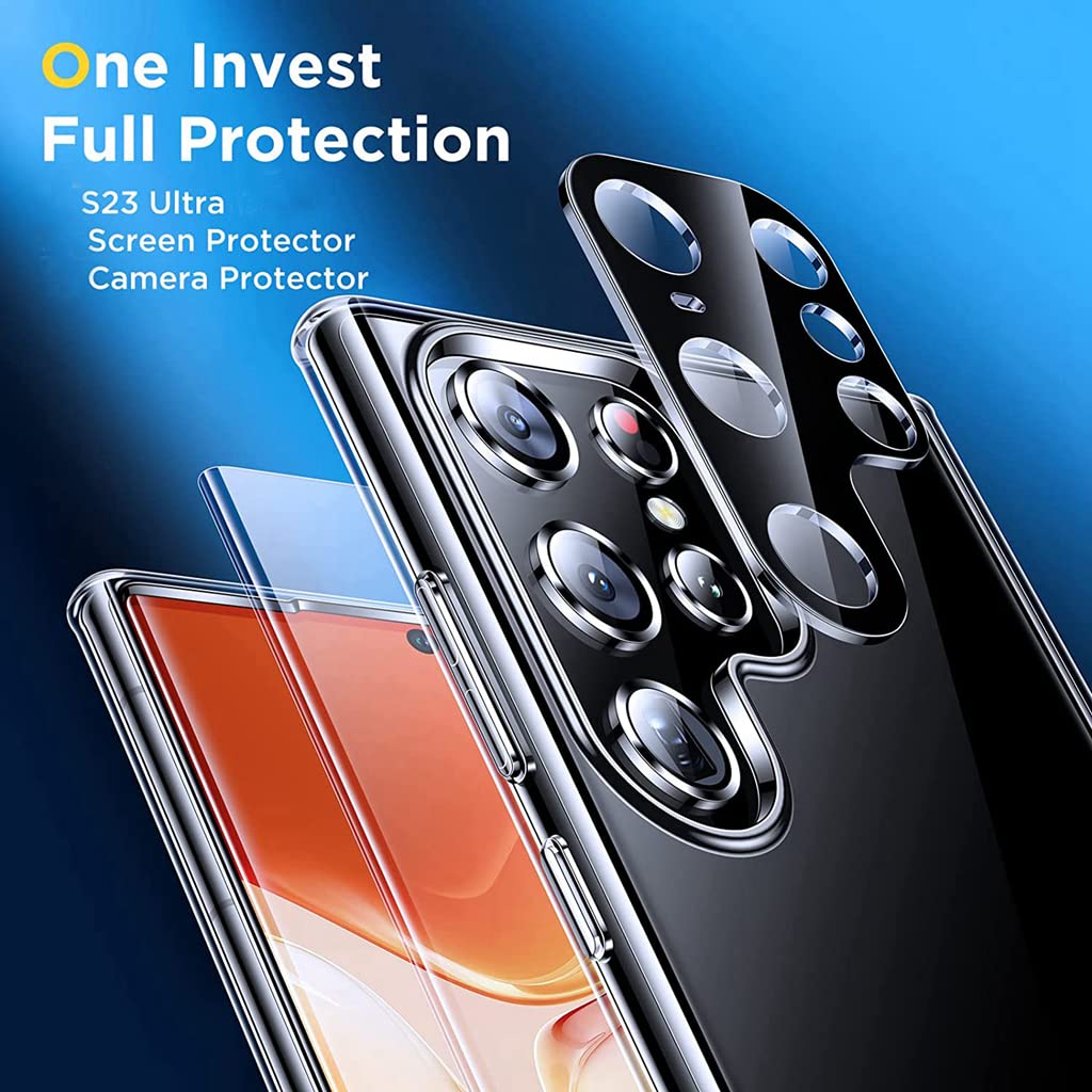 Micger Galaxy S23 Ultra Screen Protector 【2+2 Pack】2 Pack Tempered Glass Camera Lens Protector, Compatible Fingerprint, Easy Installation, 3D Glass Full Coverage 9H Hardness Tempered Glass Screen Protector for Samsung Galaxy S23 Ultra 5G