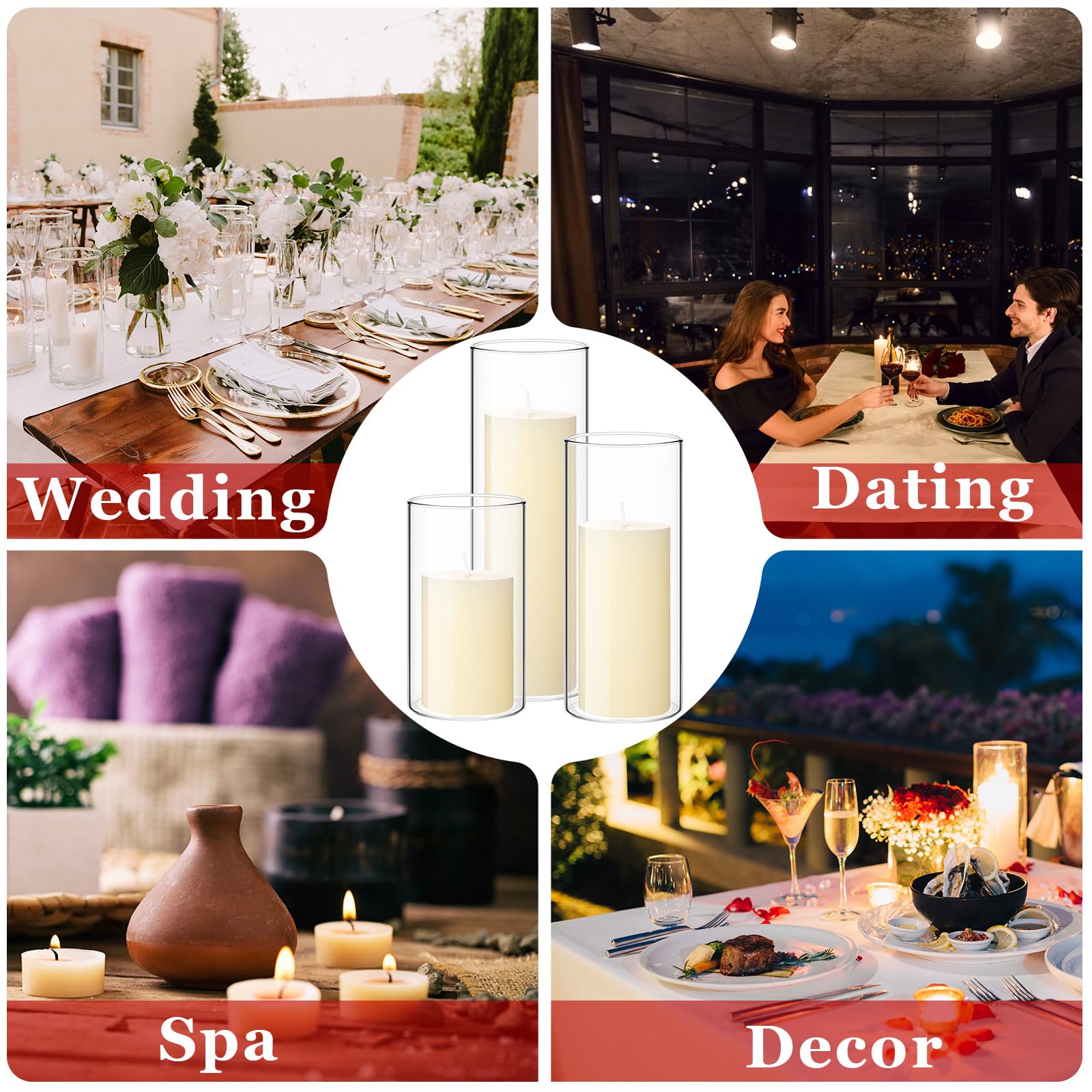 Shihanee Set of 6 Pillar Candles and Glass Cylinder Vases Clear Cylinder Candle Holders for Slim Tall Pillar Candles Wedding Centerpieces(2.6'' x 4.7'', 5.9'', 7.9'',Ivory White)