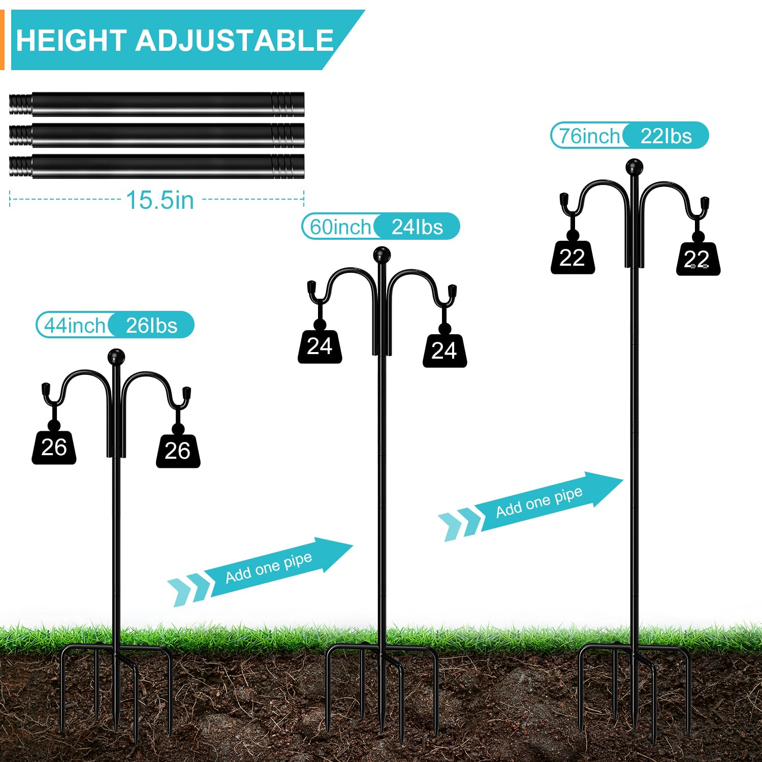 Keten Shepherds Hooks for Outdoor, Thickened Bird Feeder Poles with 5 Prongs for Hanging Plant Baskets, Lanterns, Wedding Decor (2 Pack,76inch)