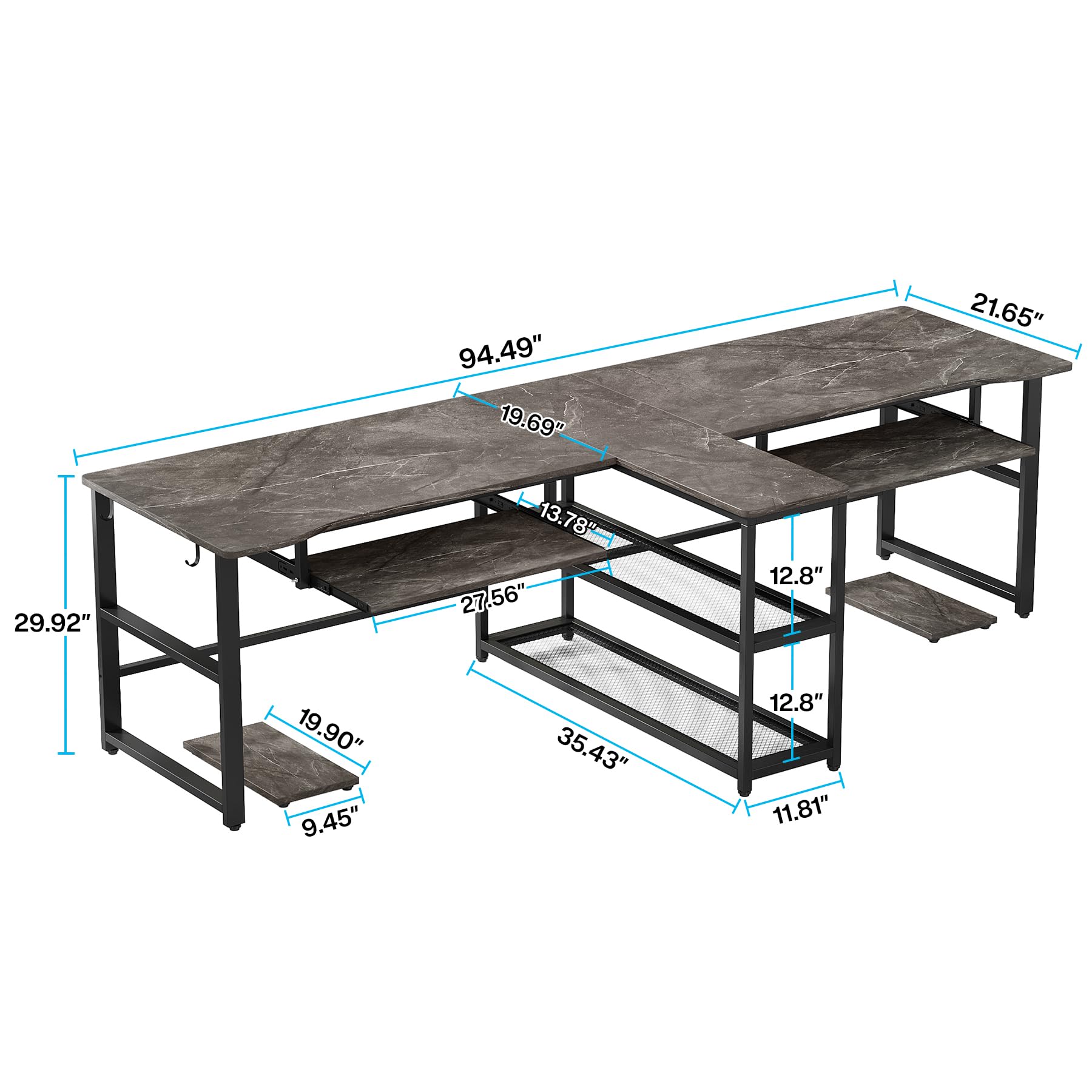 Tribesigns 94.5 inch Two Person Desk with Keyboard Tray, Extra Long Home Office Desk with Storage Shelves and Hooks, Double Computer Desk Workstation Study Table for Two People