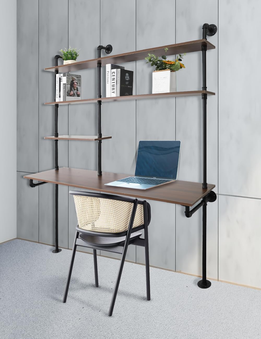 OLDRAINBOW Ladder Desk with Shelves Floating Computer Desk,Wall Mounted Laptop Desks for Small Spaces,Industrial Pipe Bookshelf Narrow Writing Desk