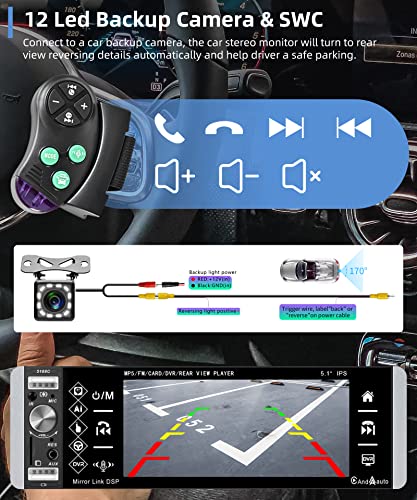 Single Din Car Stereo Support Apple Carplay Android Auto, Podofo 5.1'' IPS Touchscreen Car Radio Video Music Player Bluetooth Audio AUX/USB/FM Voice Assistant Steering Wheel Control Backup Camera