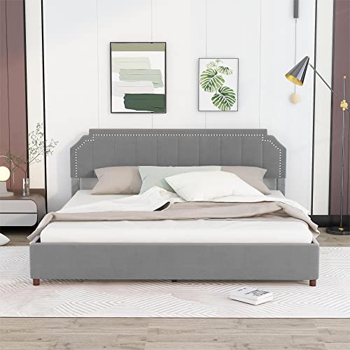 OPTOUGH Upholstered King Size Platform Bed Frame with 4 Storage Drawers and Headboard, Wooden Slats Support, No Box Spring Needed, Grey
