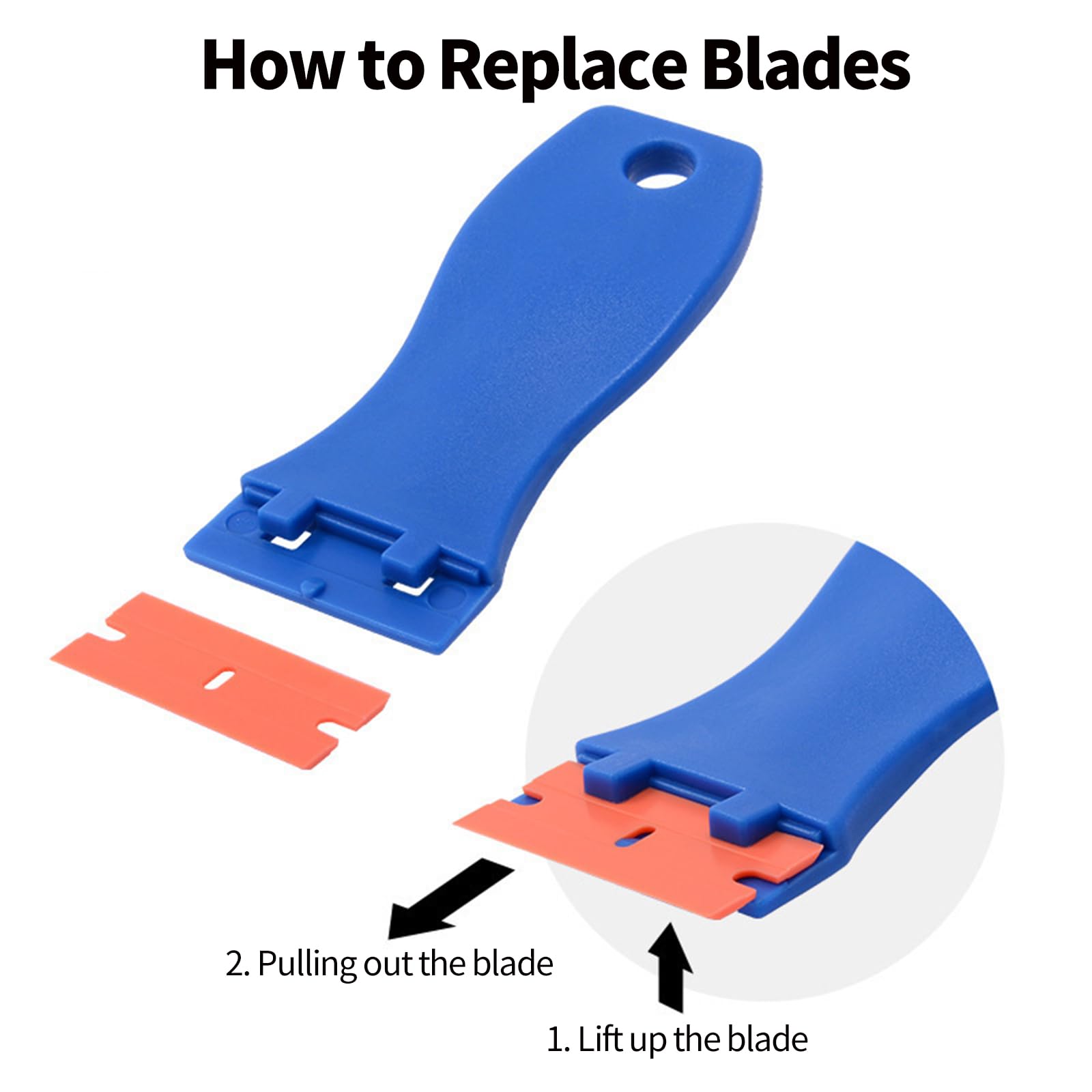 Plastic Razor Blade Scraper Remove Label Decal Tool, 2PCS Scraper Tool with 50PCS Plastic Blades, Cleaning Adhesive Remover for Stickers Gaskets and Paints on Window Car Glass, No Scratches, Blue