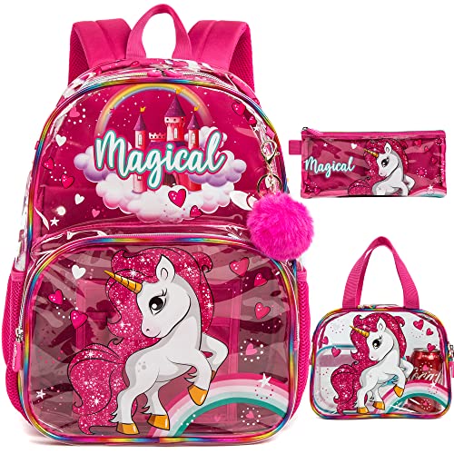MOHCO Clear Kids Backpack 16 in Transparent Toddlers Backpack See Through Preschool Bag with Lunch Bag and Pencil Case for boys and Girls