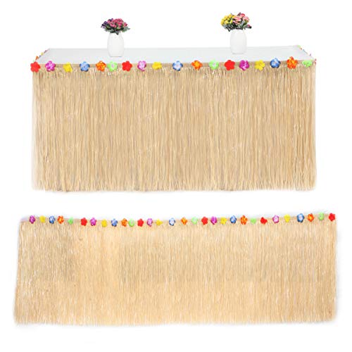Hawaiian Luau Grass Table Skirt 9ft Luau Party Decorations Supplies for Tiki Bar Decorations, Moana Hawaiian Tropical Jungle Party Decorations Supplies