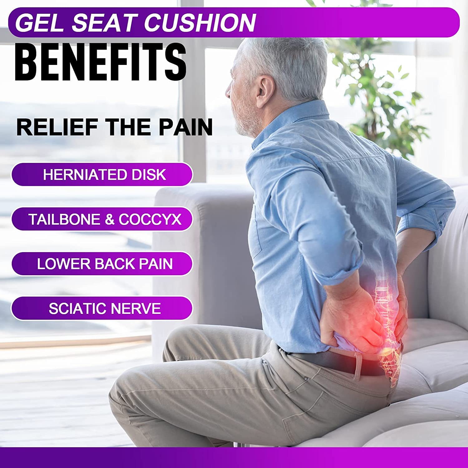 Gel Seat Cushion Pillow for Long Sitting β Office Chair Car Egg Seat Cushion with Non-Slip Cover for Back, Coccyx & Tailbone Pain Relief Pad - Pressure Reducing Honeycomb Designed for Comfort
