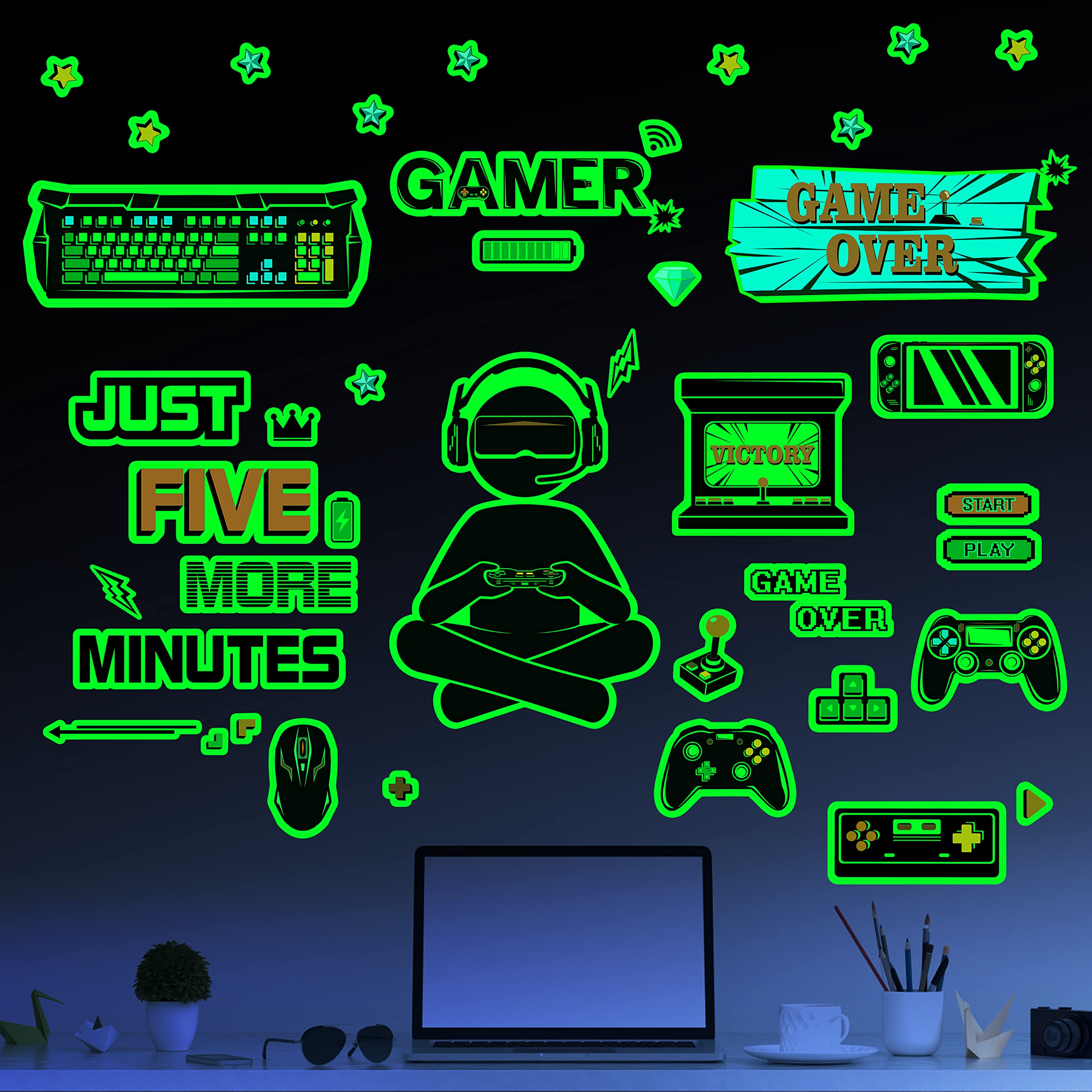 Glow in The Dark Game Wall Decal Video Game Room Decor Gaming Decals for Boys Room Wall Stickers for Kids Bedroom Sticker Home Playroom Decoration