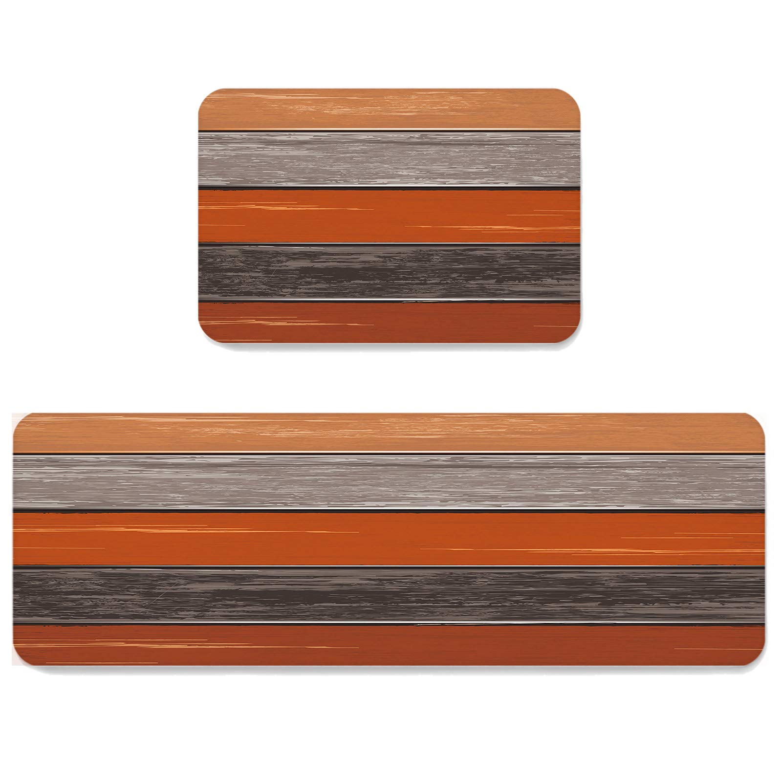 Homeown Barn Comfort Kitchen Rug Set 2 Piece, Non Slip Cushioned Floor Mat Ombre Farmhouse Absorbent Carpet for Laundry Bathroom Living Room 19.7x31.5in+19.7x63in Orange Grey Wooden Stripe