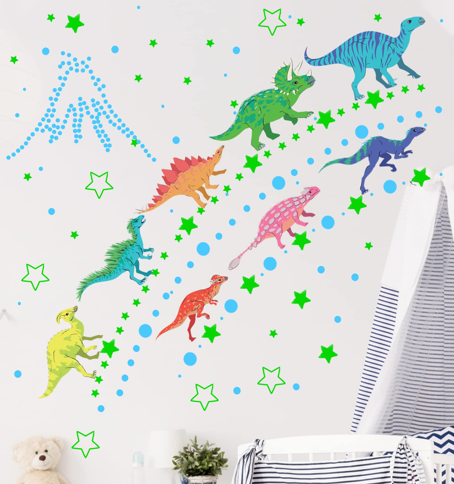 Glow in The Dark Dinosaur Wall Decals - 652Pcs Dinosaur Wall Stickers for Boys Room,Kids Wall Decor Stars for Baby Nursery Boys Bedroom Ceiling (Green Dinosaur)