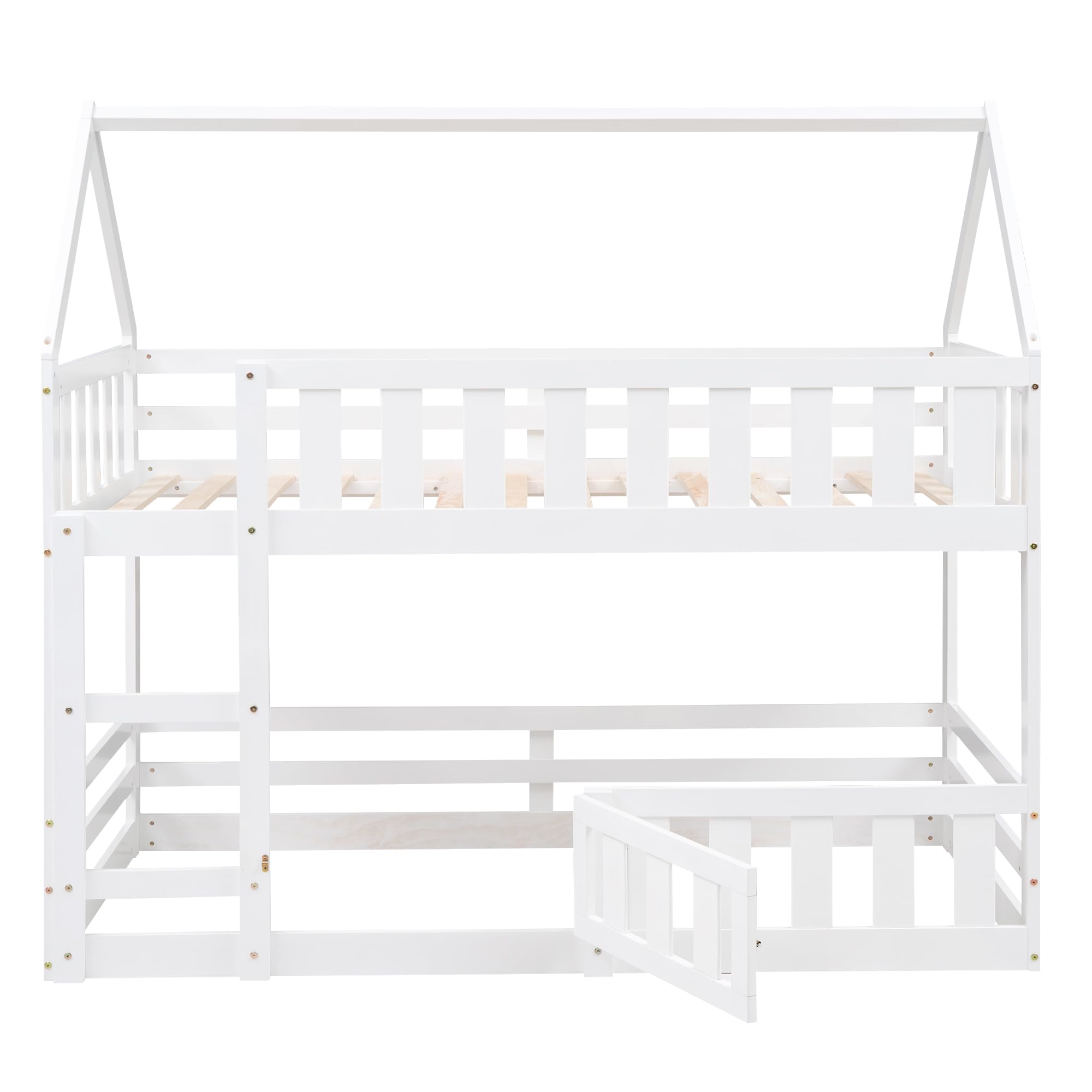 LZ LEISURE ZONE Twin Over Twin Bunk Bed, Wood Twin Size House Bed with Fence and Door, No Box Spring Needed, White