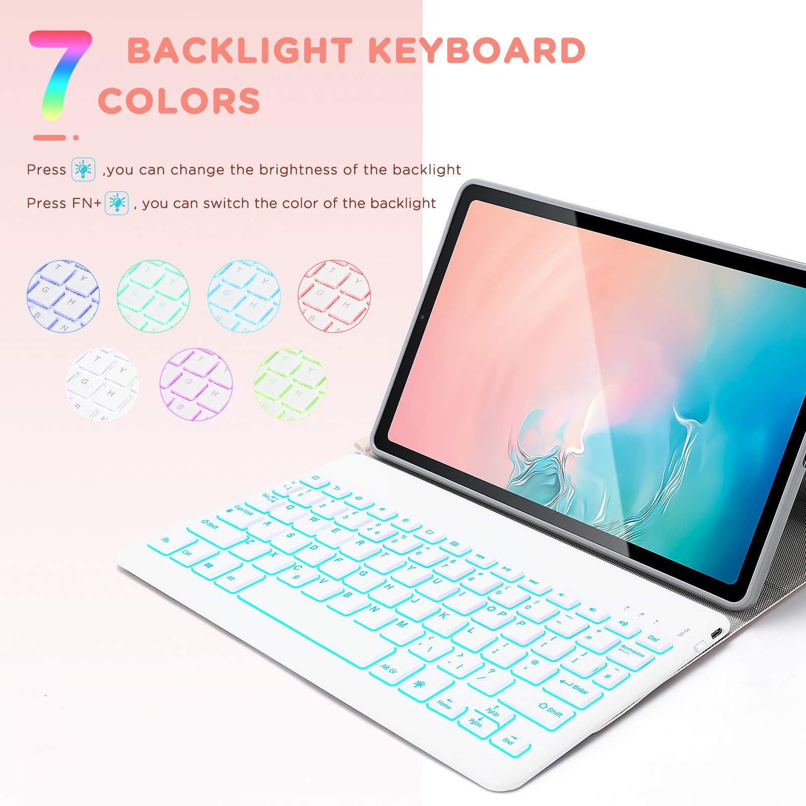Keyboard Case with 7 Colors Backlit for Samsung Tab S6 Lite 10.4" 2020, Bluetooth Keyboard Detachable US Layout with Case for Samsung Galaxy Tab S6 Lite 10.4 2020 SM-P610 SM-P615, Rose Gold