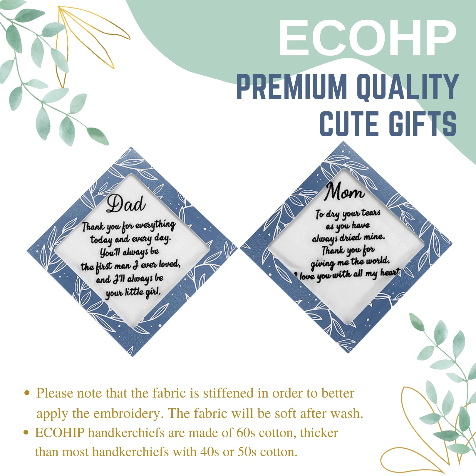 ECOHIP 2 Wedding Handkerchief Mother of Bride Father Hankie Dad Mom Parents Gift