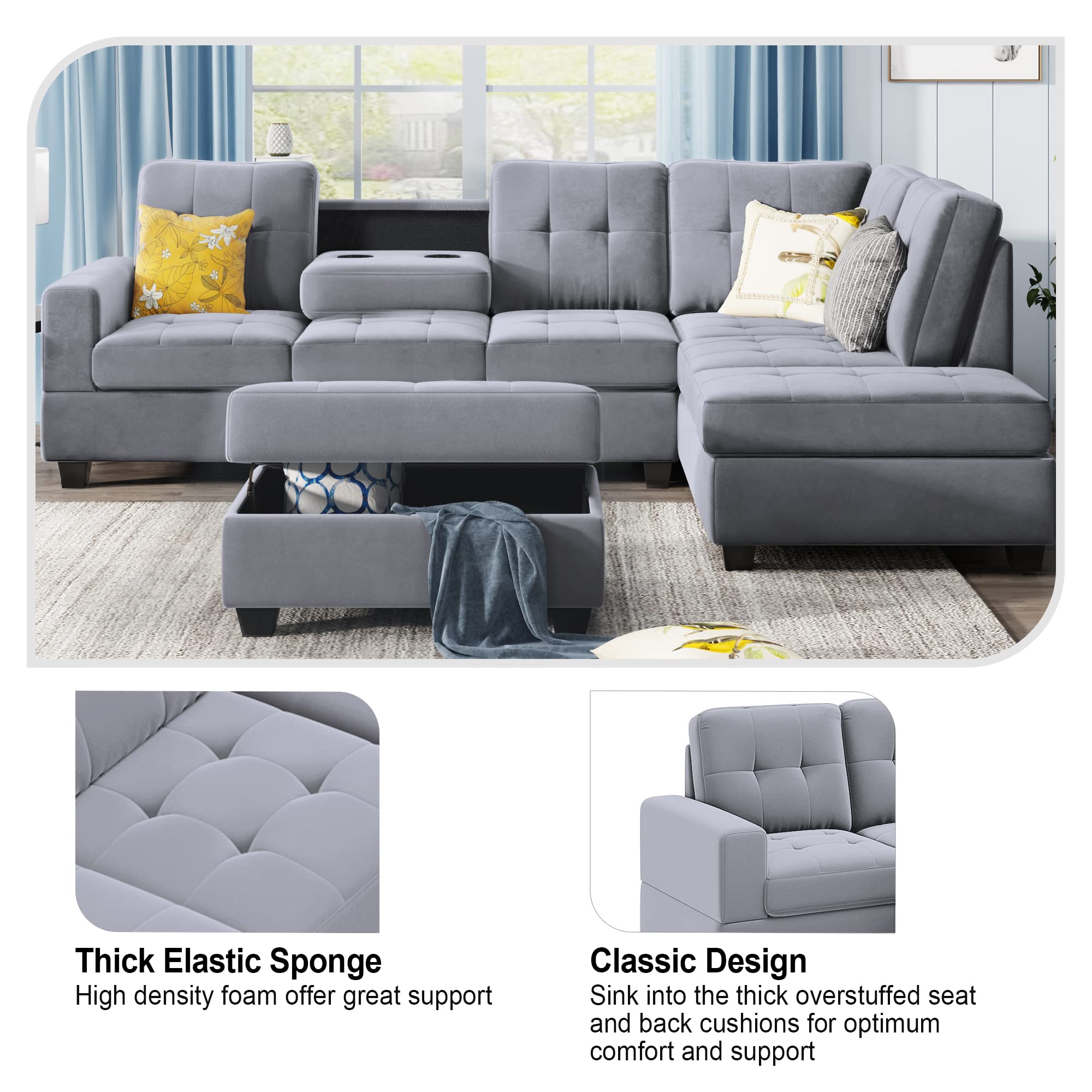 P PURLOVE Sectional Sofa, Modern 7 Seats Modular Sectional Sofa with Ottoman, L Shape Polyester Sofa Corner Couch Set with 3 Pillows for Living Room, Apartment, Office (Black)
