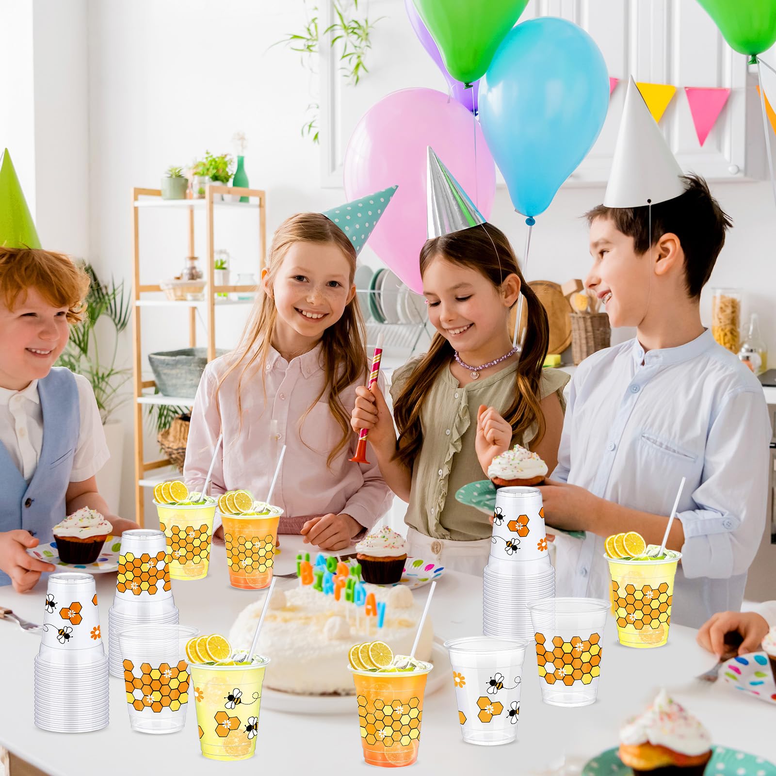 Sliner 50 Pcs Bee Party Plastic Cups with Straws 12 oz Clear Honey Bee Cups Disposable Bee Drinking Cups Bee Theme Party Favors for Home Kitchen Bee Birthday Baby Shower Party Supplies Decor