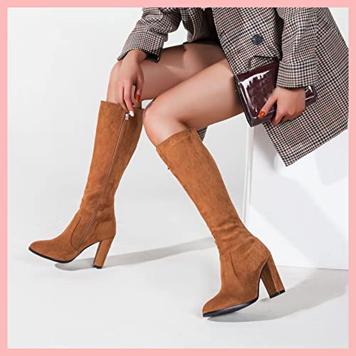 FASDNENDYS Boots for Women Cowboy Style Shoes Boots Warm Boots Retro Boots Heel Long Boots for Women's Boots Small Heel Brown