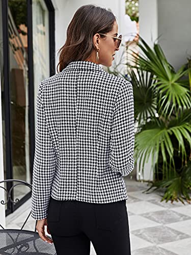 SheIn Women's Houndstooth Long Sleeve Lapel Collar Double Breasted Blazer Jacket Black and White Large