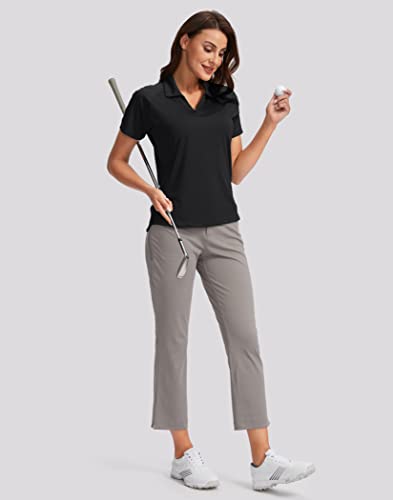 Obla Women's Golf Shirt Quick Dry V-Neck Short Sleeve Tennis Tops UPF50+ Collared Golf Polo Shirts for Women (Black_S)