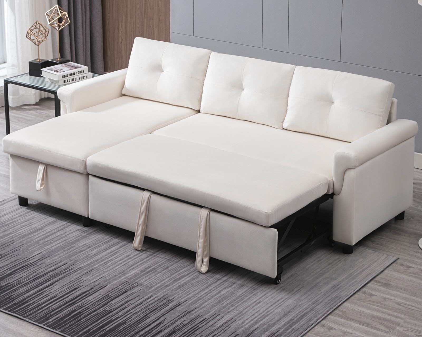 Mjkone 3 Seat L-Shape Sectional Sofa Couch with Pull Out Bed and Reversible Storage Chaise, Modern 84 Inch Sleeper Sofa with Breathable Velvet Fabric for Living Room, Beige