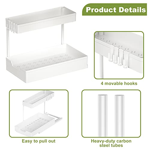 Minimalist Studio Under Sink Organizers and Storage 2 Pack L-Shape Kitchen Bathroom Organization, 2-Tier Sliding Storage Under Bathroom Kitchen Sink Cabinet Organizer Shelf Pull Out with Drawer(White)