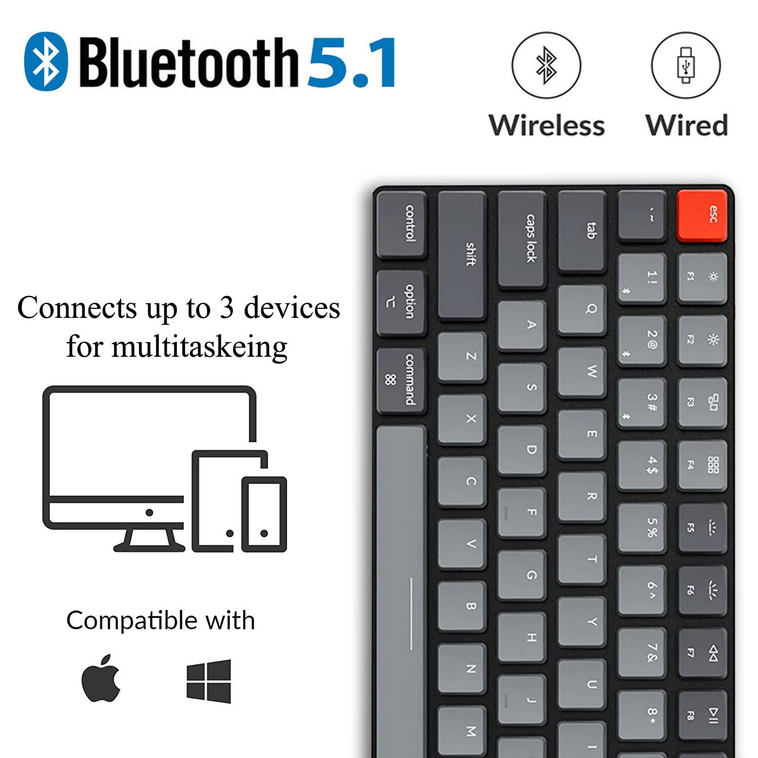 Keychron K3 Wireless/Wired Gaming Mechanical Keyboard Version 2, 96% Layout 100 Keys Bluetooth Keyboard with RGB Backlit, N-Key Rollover, Hot-Swappable Gateron G Pro Red Switch for Mac Windows