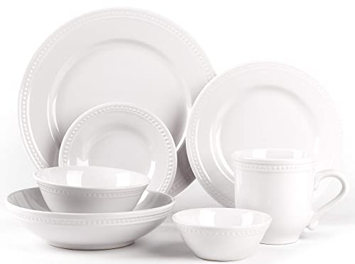 HomeVss, Pearl Dots Stoneware Dinnerware Set (56pc Set, White)