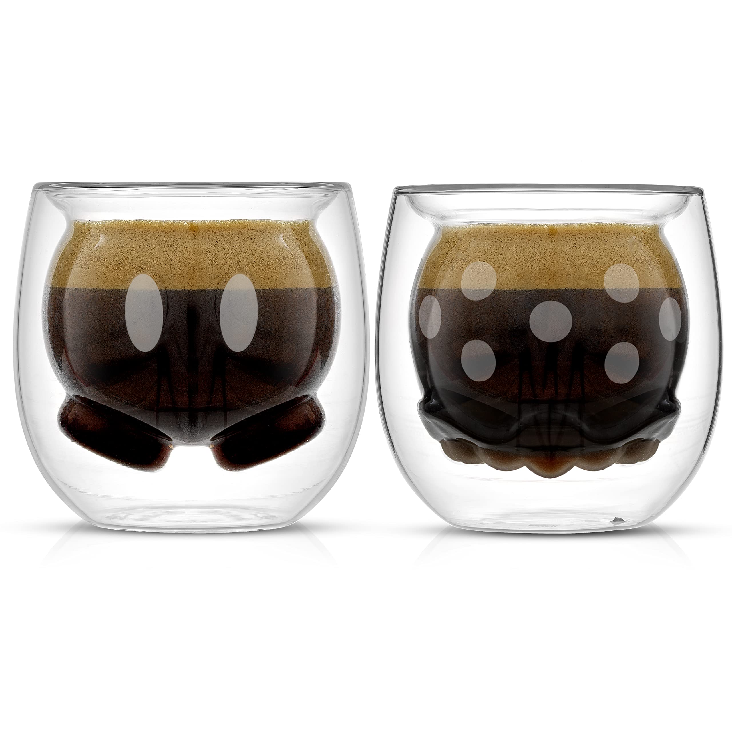 JoyJolt Mickey Pants and Minnie Skirt 3D 2oz Espresso Cups. Double Walled Espresso Glasses (2pc) Small Double Wall Glass Coffee Cups. Demitasse Cups, Espresso Measuring Cup or Liqueur Shot Glasses