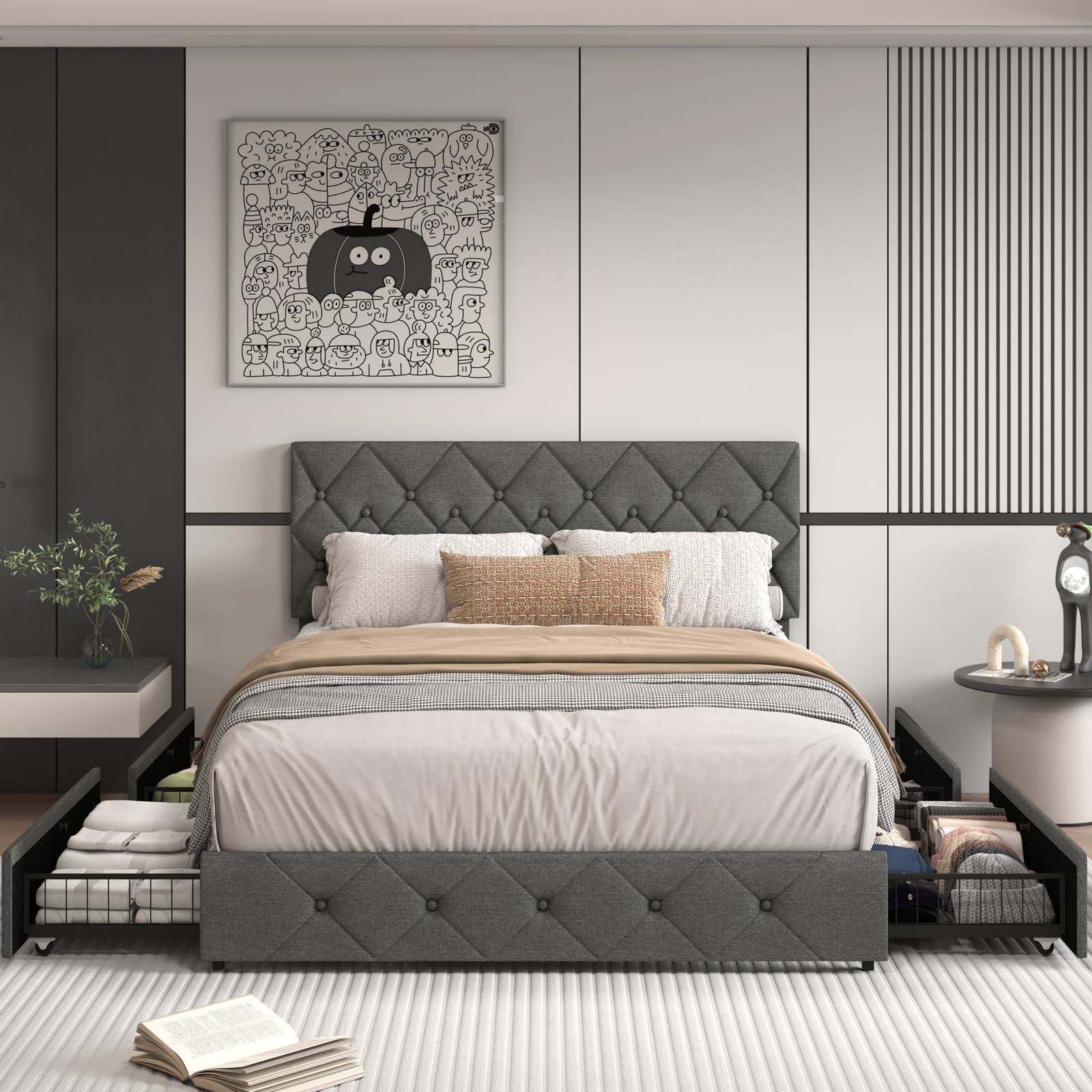Olivae Queen Bed Frame with 4 Storage Drawers, Linen Fabric Tufted Adjustable Headboard Bed Frame with Wooden Slats Support, No Box Spring Needed, Non-Slip, Noise-Free, Easy Assembly