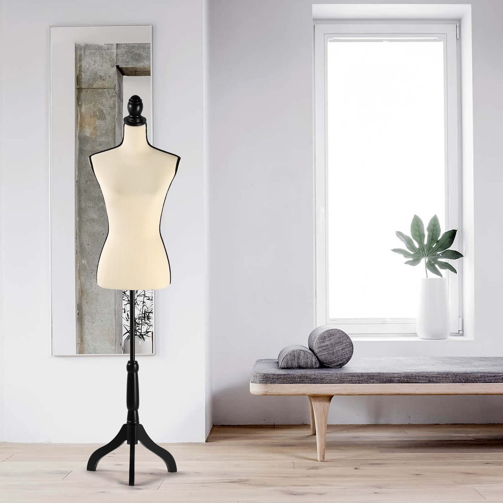 Female Dress Form, 52-64 Inch Adjustable Mannequin Dress Forms for Sewing, Mannequin Torso Jewelry Display Wood Tripod Stand Clothing Forms,Beige
