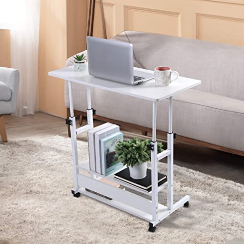 Portable Desk for Bedroom Height Adjustable 31x16 inch Storage Rolling Desk Modern Laptop Table Home Office Workstation Sofa Side Table with Wheels for Living Room Mobile Couch Small Study Desk White