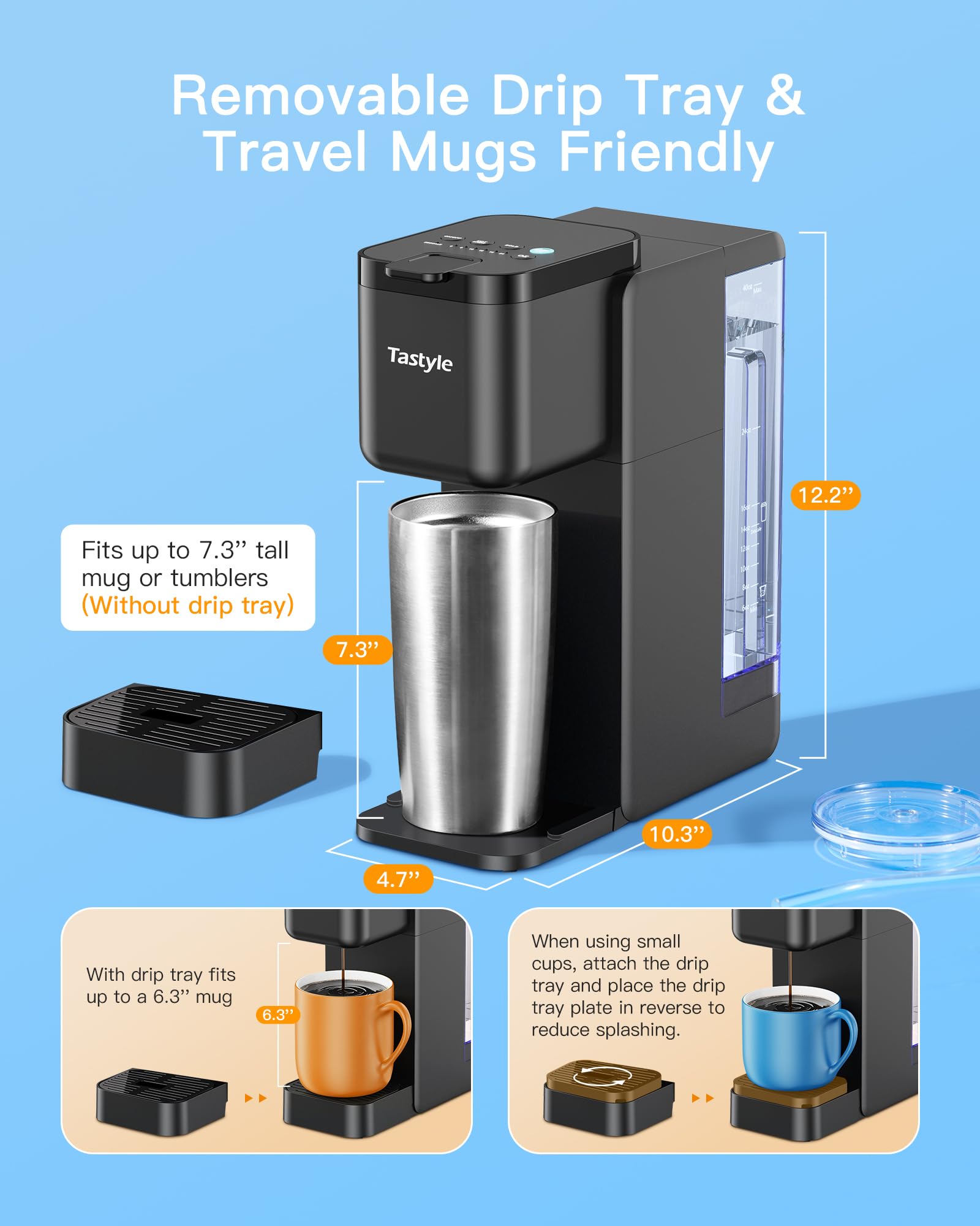 Tastyle Single Serve Coffee Maker, Iced and Hot Coffee Brewer for K Cup & Ground Coffee, with Removable 40 oz. Water Reservoir, 6 to 24 oz. Brew Sizes, Includes Bold & Descale Settings, Black