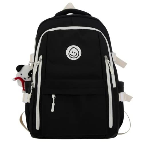 MININAI Preppy Backpack with Cute Pendant Women Smile Face Laptop Backpack Kawaii Lightweight Aesthetic College Backpack (Black,One Size)