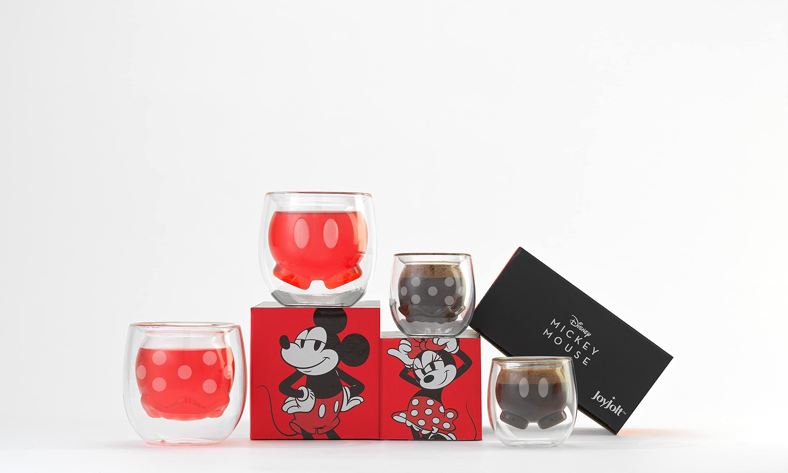 JoyJolt Mickey Pants and Minnie Skirt 3D 2oz Espresso Cups. Double Walled Espresso Glasses (2pc) Small Double Wall Glass Coffee Cups. Demitasse Cups, Espresso Measuring Cup or Liqueur Shot Glasses