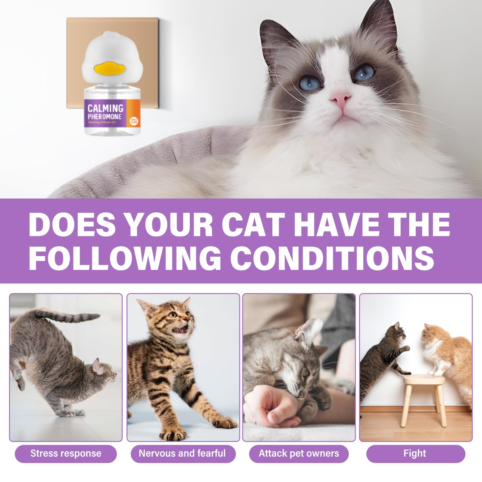 NHZ Cat Calming Diffuser, Release Sustained Pheromone, Reduce Cat Stress in New Environment, 60 Days Long Lasting - 1 Diffuser Head & 2 Pcs Vial