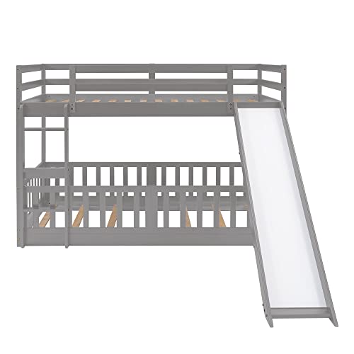RORIGAT Twin Over Twin Floor Bunk Bed with Slide and Ladder, Low Bunk Bed for Kids Boys Girls Teens, Gray