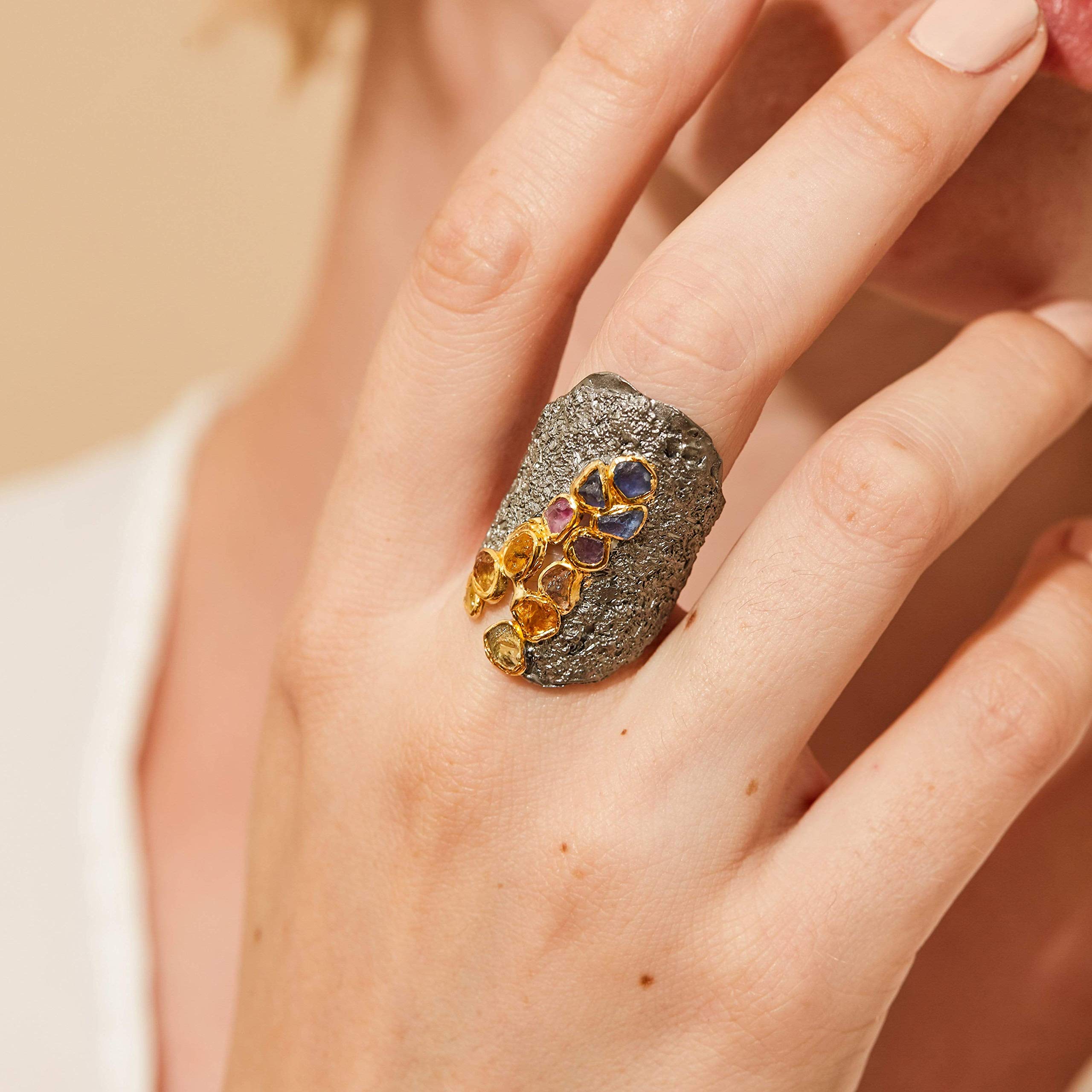 german kabirski 6.5 Carat Rough Sapphire Mixed Multicolor Handmade Ring in 925 Sterling Silver Plated with Gold and Black Rhodium Size 8.5