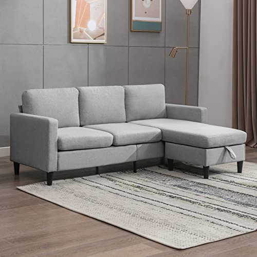 Mjkone Sectional Sofa Bed, Linen Sleeper Couch with Ottoman, Convertible Sleeper Sofa, Couches for Living Room, Chaise Lounge Indoor, Easy Assembly, Light Grey