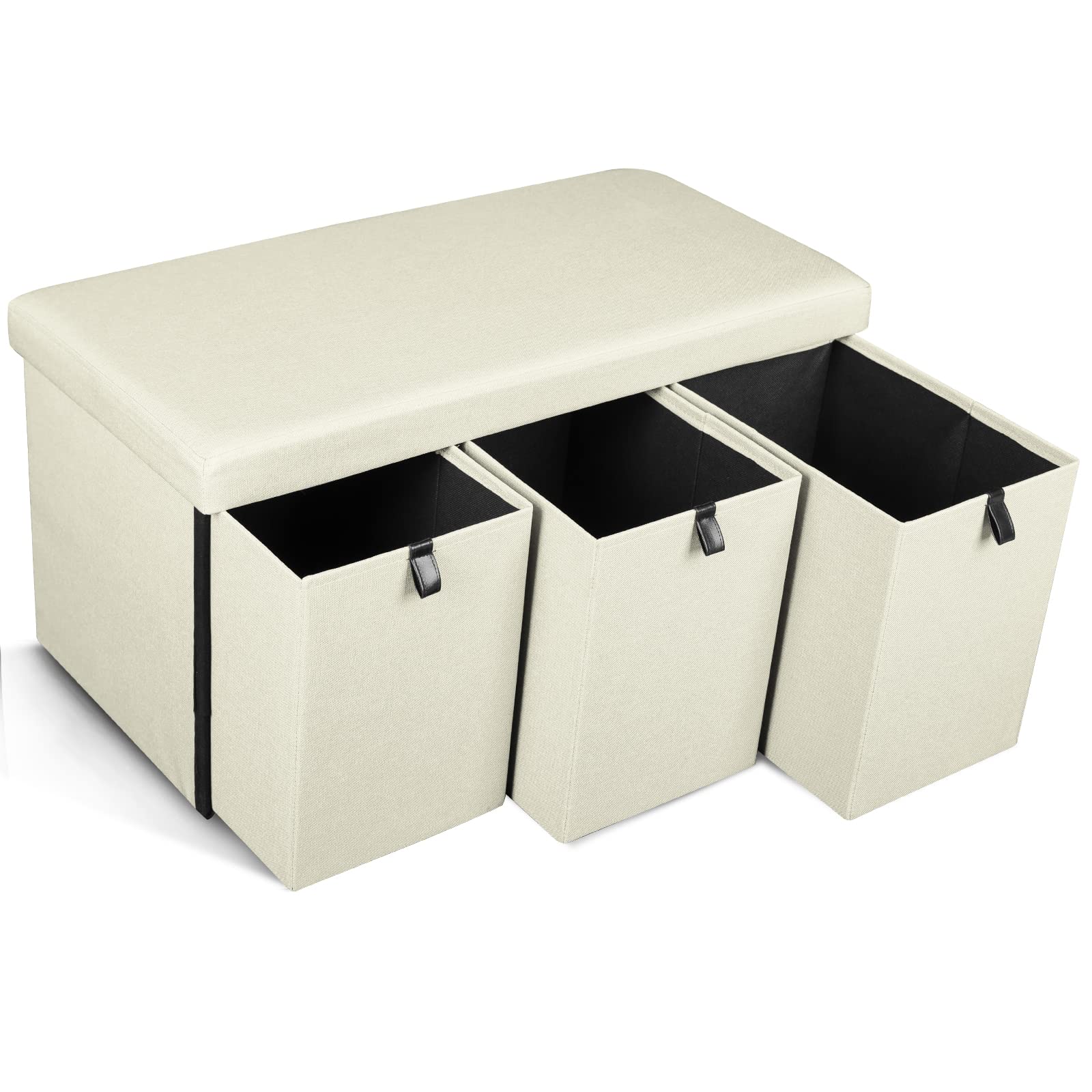 ECOMEX Storage Ottoman with Drawers, Folding Storage Ottoman Bench with Foam Padded Seat, Storage Bench and Faux Leather Ottoman Foot Rest for Bedroom and Hallway Support 600LBS Beige