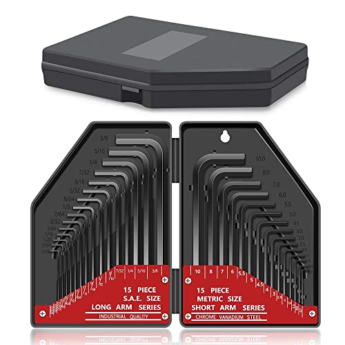 Kingsdun 30 Pcs Hex Key Set Metric/Imperial Short/Long Arm | SAE 0.028-3/8 inch | Metric 0.7-10 mm | Steel Allen Wrench Key for Furniture Assembly Bike Maintenance Disassemble Install Cars