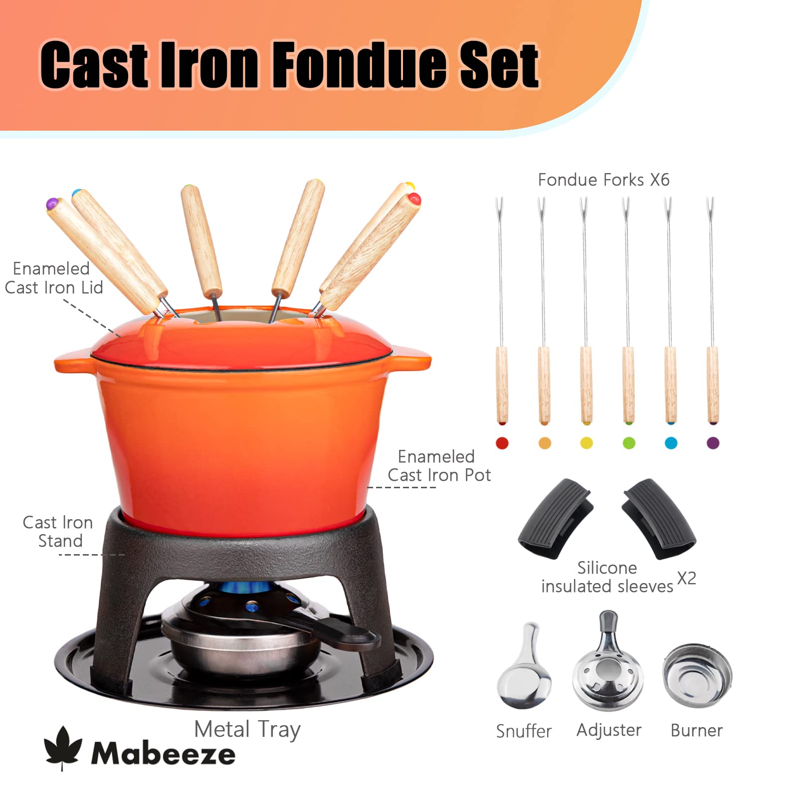 Mabeeze Cast Iron Fondue Set for Cheese, Chocolate or Meat - Includes Enameled 1.6 Qt Pot, 6 Fondue Forks, Burner, Stand, Base and Mitts