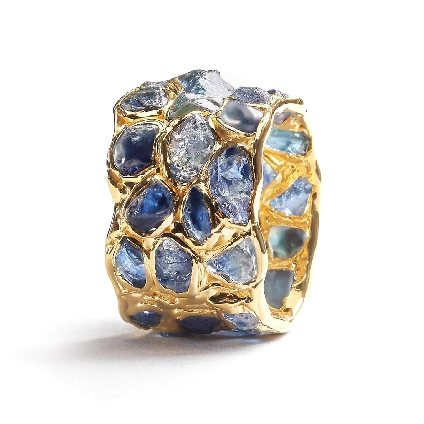 german kabirski 16 Carat Blue Sapphire Handmade Barrel Ring in 925 Sterling Silver with Gold Plating Size 8