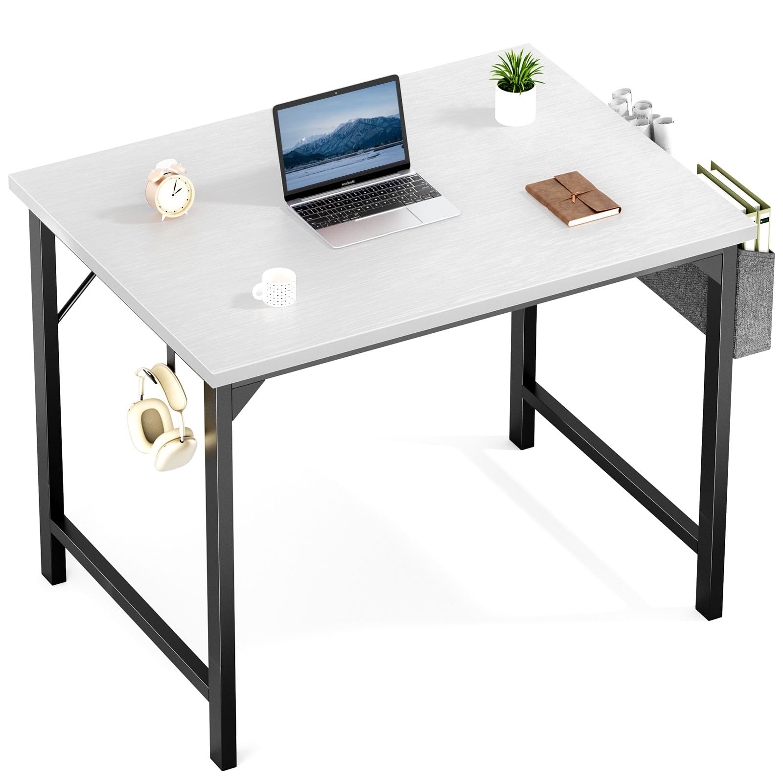 OLIXIS Computer Small Desk 32 Inch Home Office Writing Study Work Storage Bag Headphone Hooks Simple Modern Wood Kids Student Table, Basic White