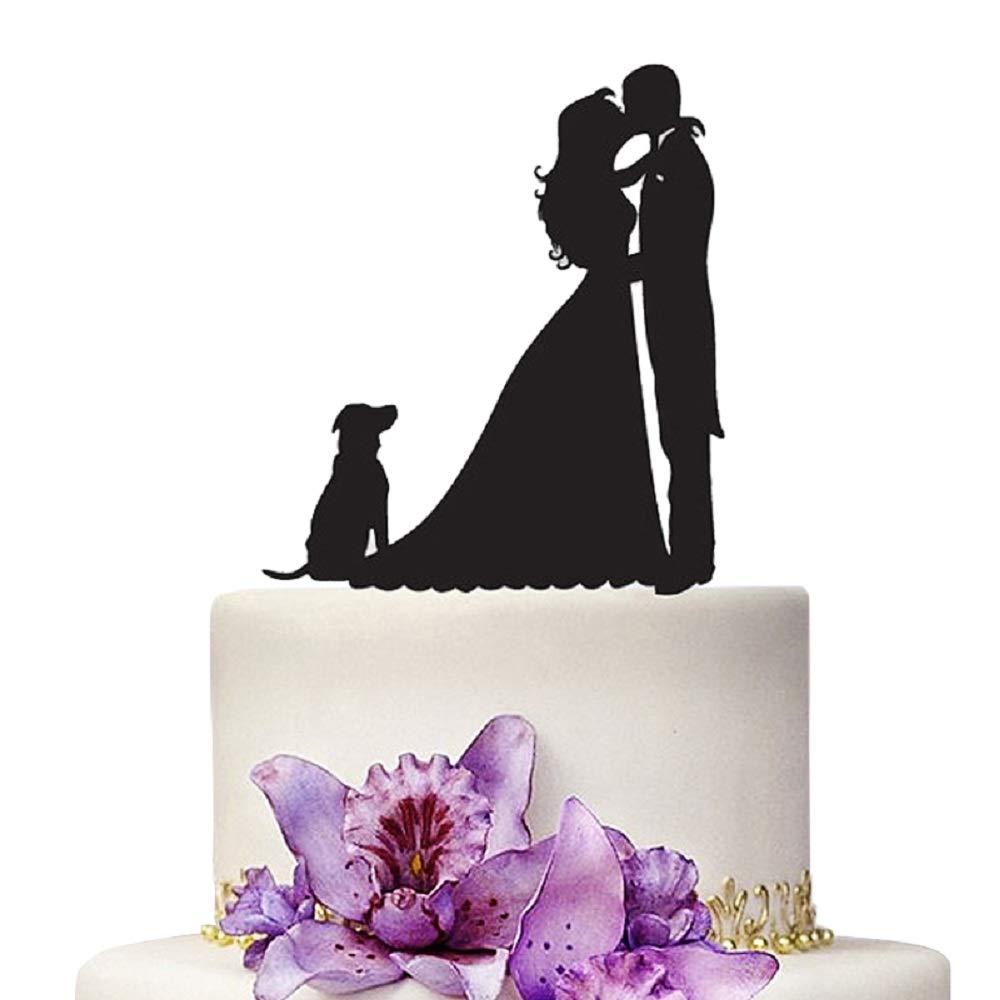 YAMI COCU Wedding Cake Topper, Black Color Acrylic Silhouette Couple Bride and Groom Dog Wedding Party Decorations