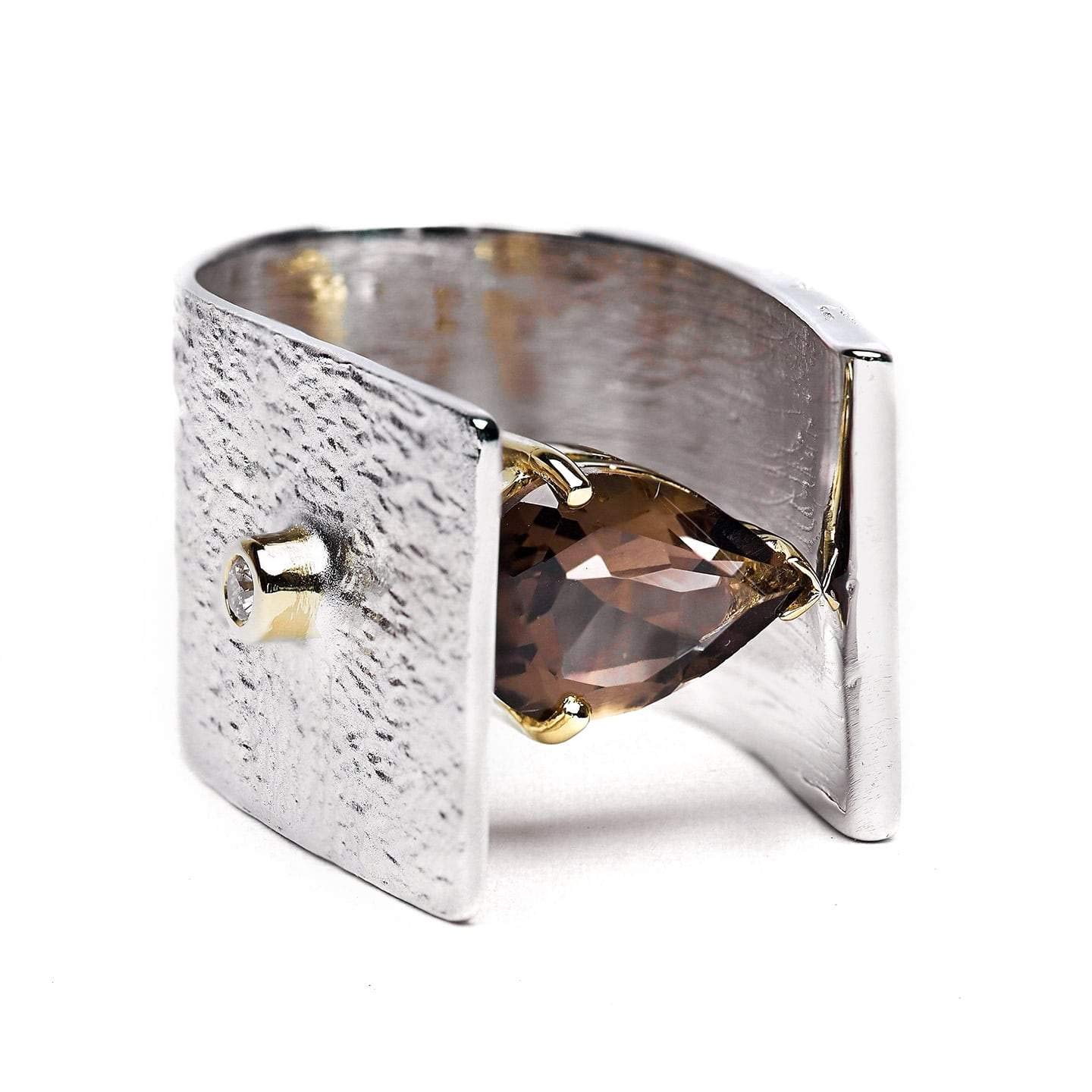 german kabirski 2.50 Carat Smoky Quartz Handmade Barrel Ring in 925 Sterling Silver with Gold and White Rhodium Plating Size 8