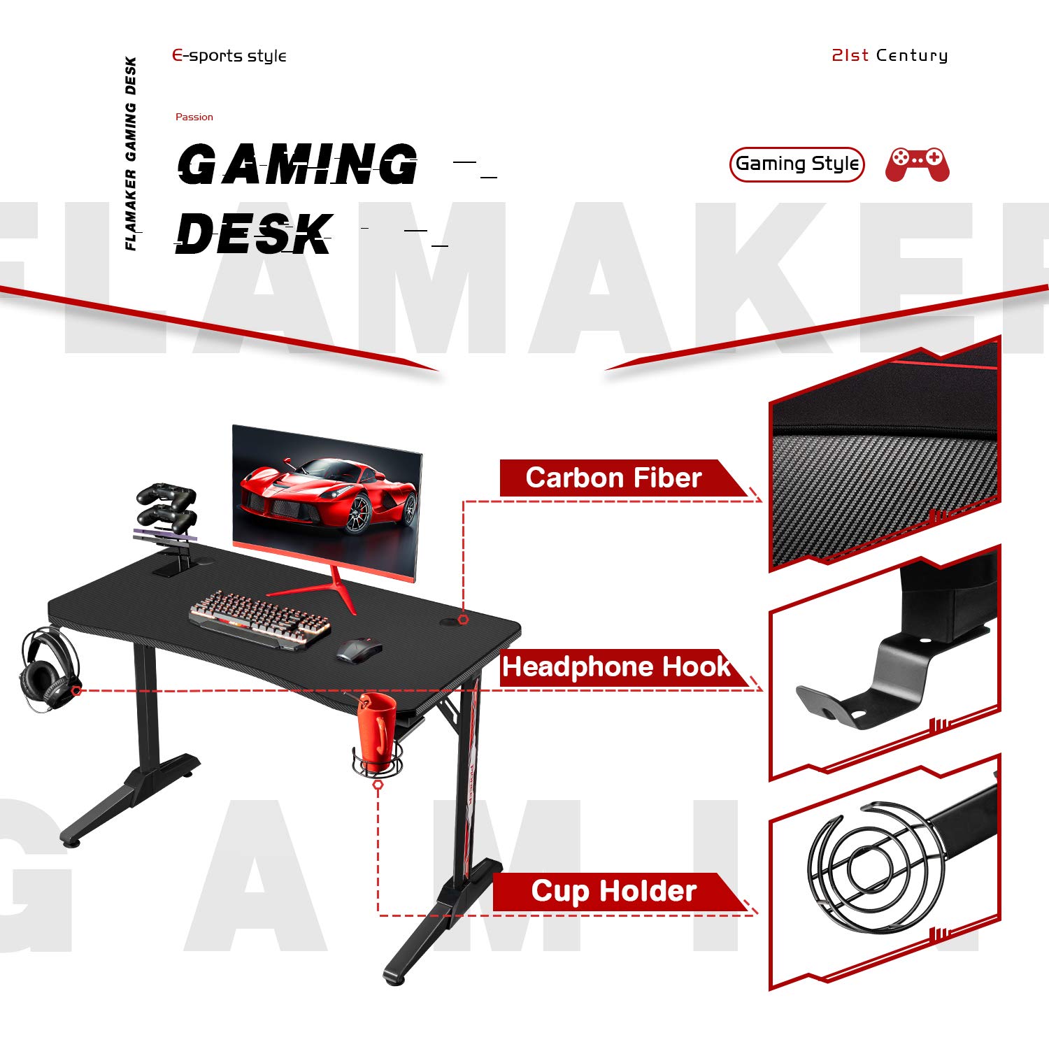 Flamaker Gaming Desk 44 Inch Gaming Table Computer Desk Gamer Table T Shape Game Station with Large Carbon Fiber Surface, Cup Holder & Headphone (Black)