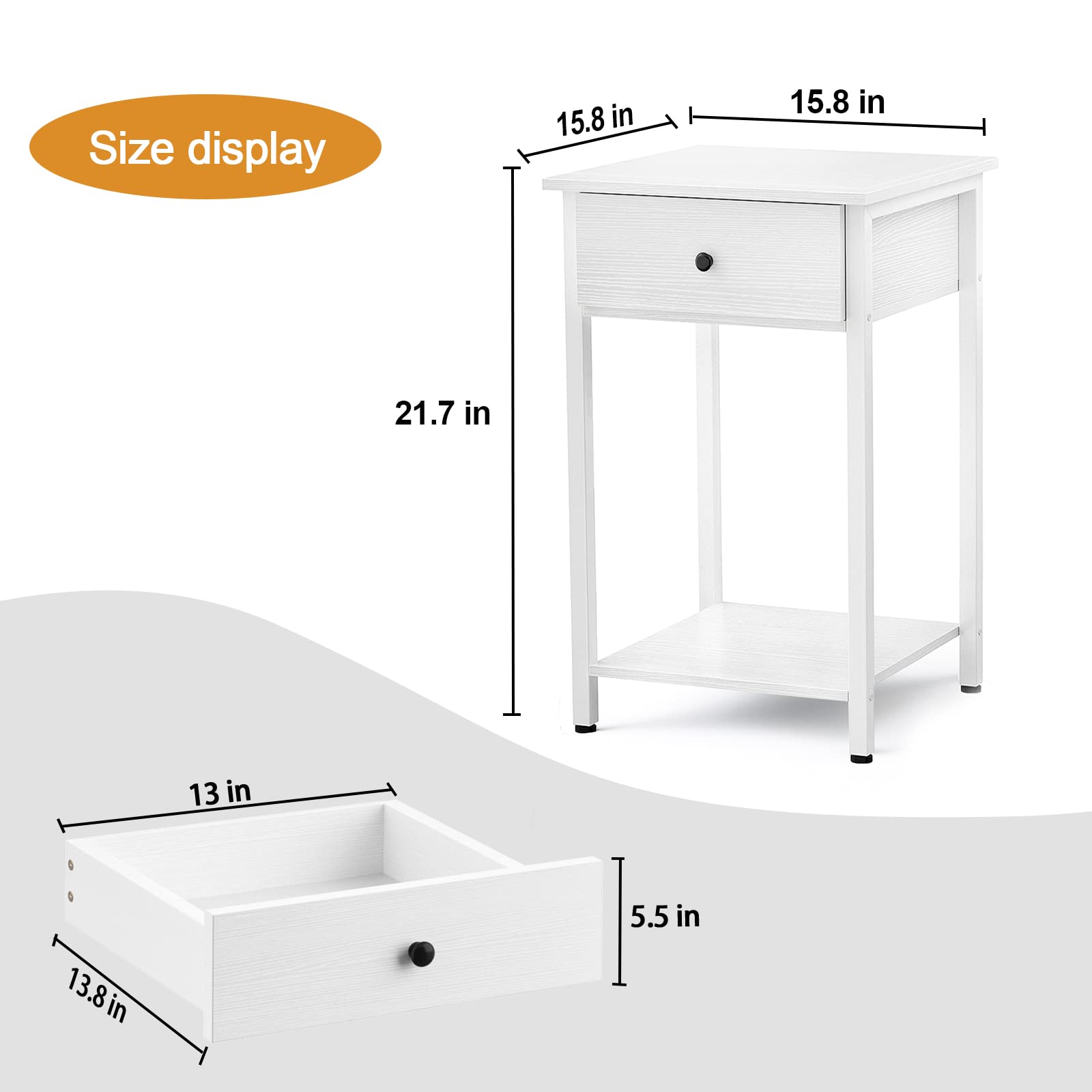 Ecoprsio Nightstand Set of 2 White End Table Side Table with Drawer and Storage Shelf Wood Night Stand Modern Bedside Table for Bedroom, Living Room, Sofa Couch, Hall, Easy Assembly, White