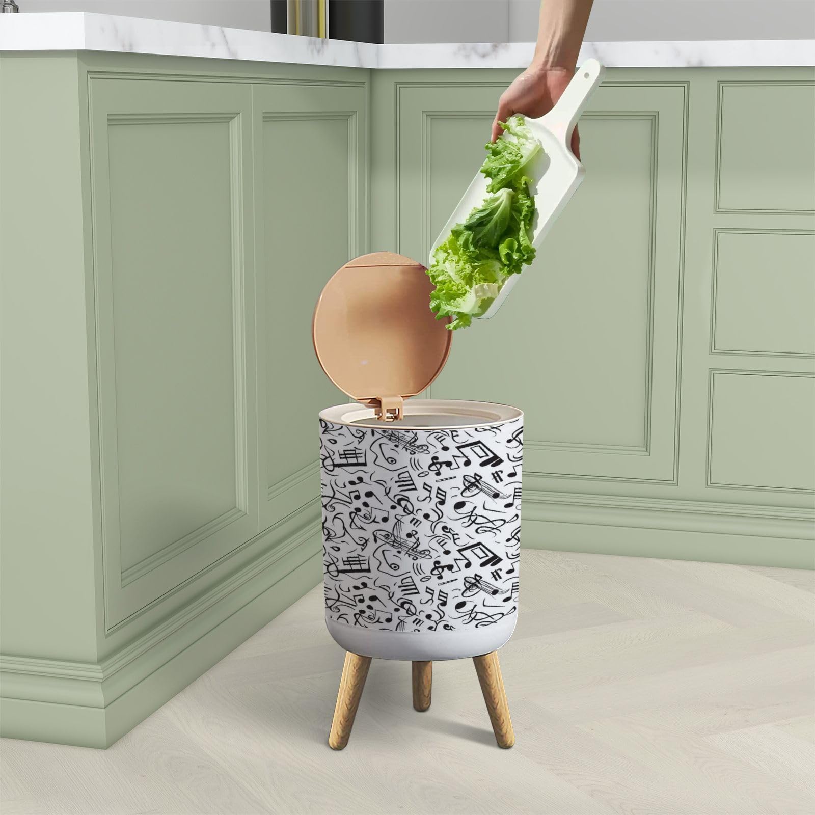 PHAIBHKERP Trash Can with Lid Music Notes Seamless Garbage Can Round Waste Bin Press Cover Dog Proof Wastebasket for Kitchen Bathroom Living Room Nursery 1.8gal