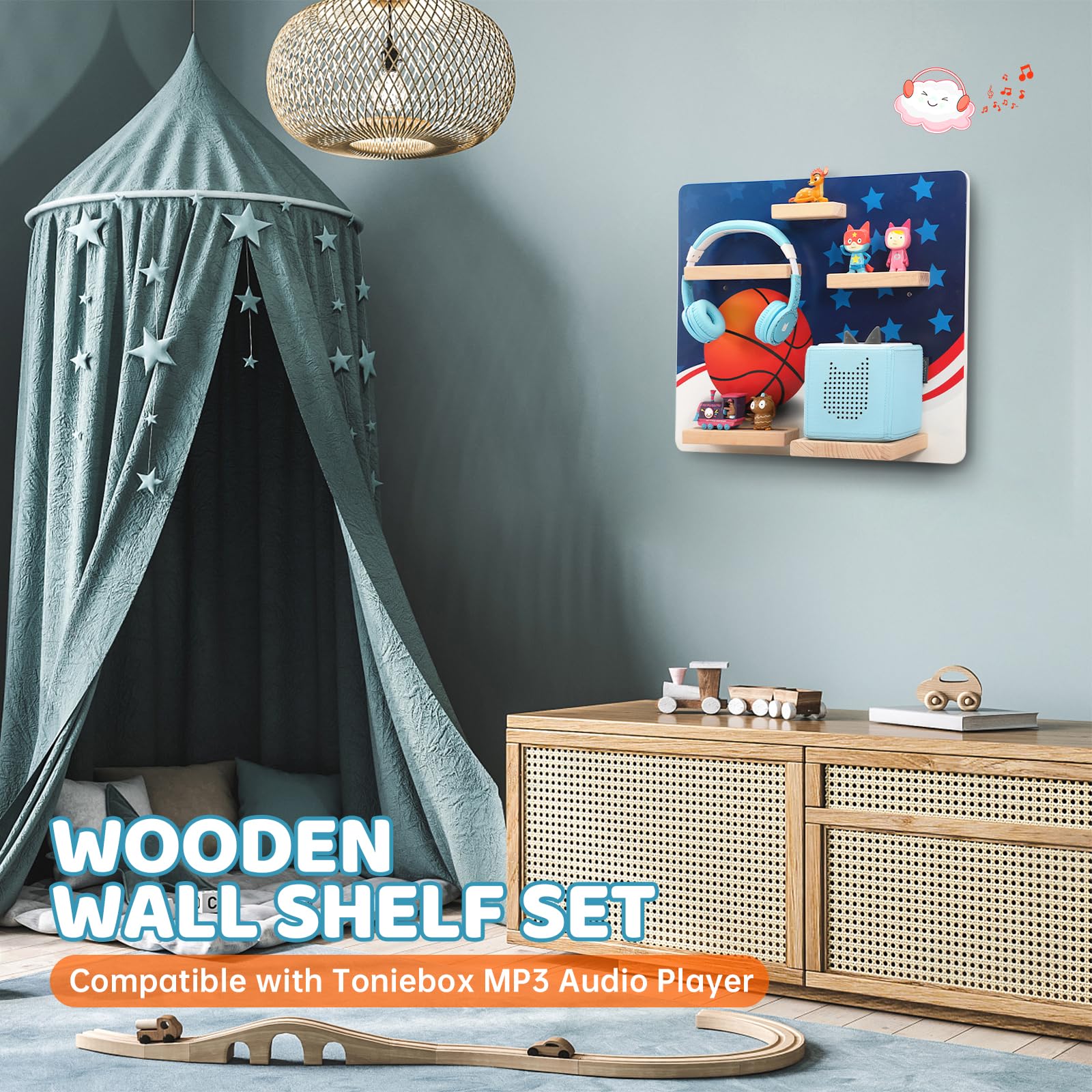 MIOGREN Magnetic Wooden Floating Shelf -with for Toniebox Starter Set(Compatible) Kids Storage Rack,for Toniebox,Headphones,Charging Station and Tonie Figures.(Sun)
