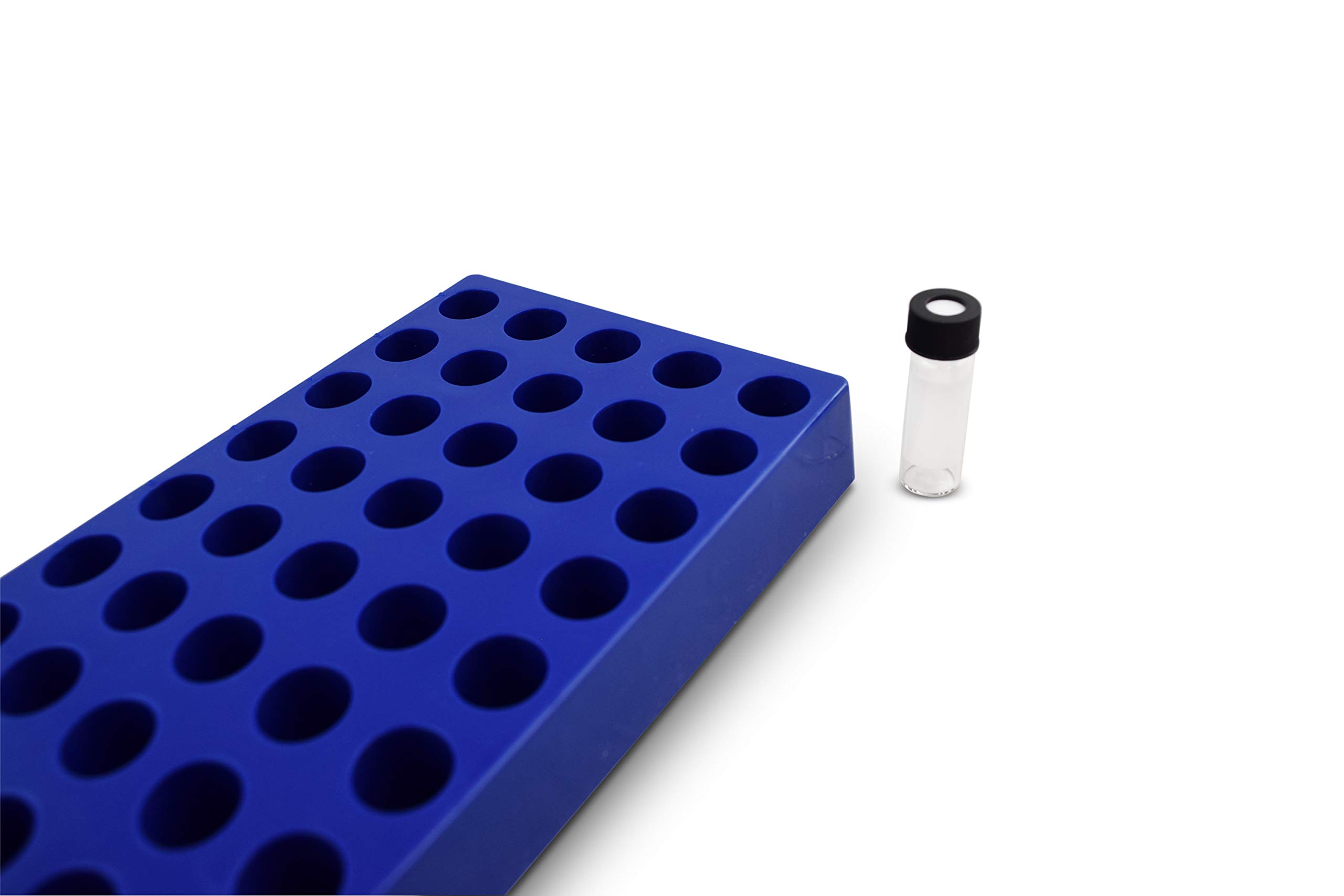 Tisch Scientific Vial Racks for 4mL Vials | 5 Pack | Blue Polypropylene | 9.25" x 4.5" x 1.125" | 50 Holes | Hole Diameter: 15mm | Hole Depth: 22mm | Autoclavable | CV2056